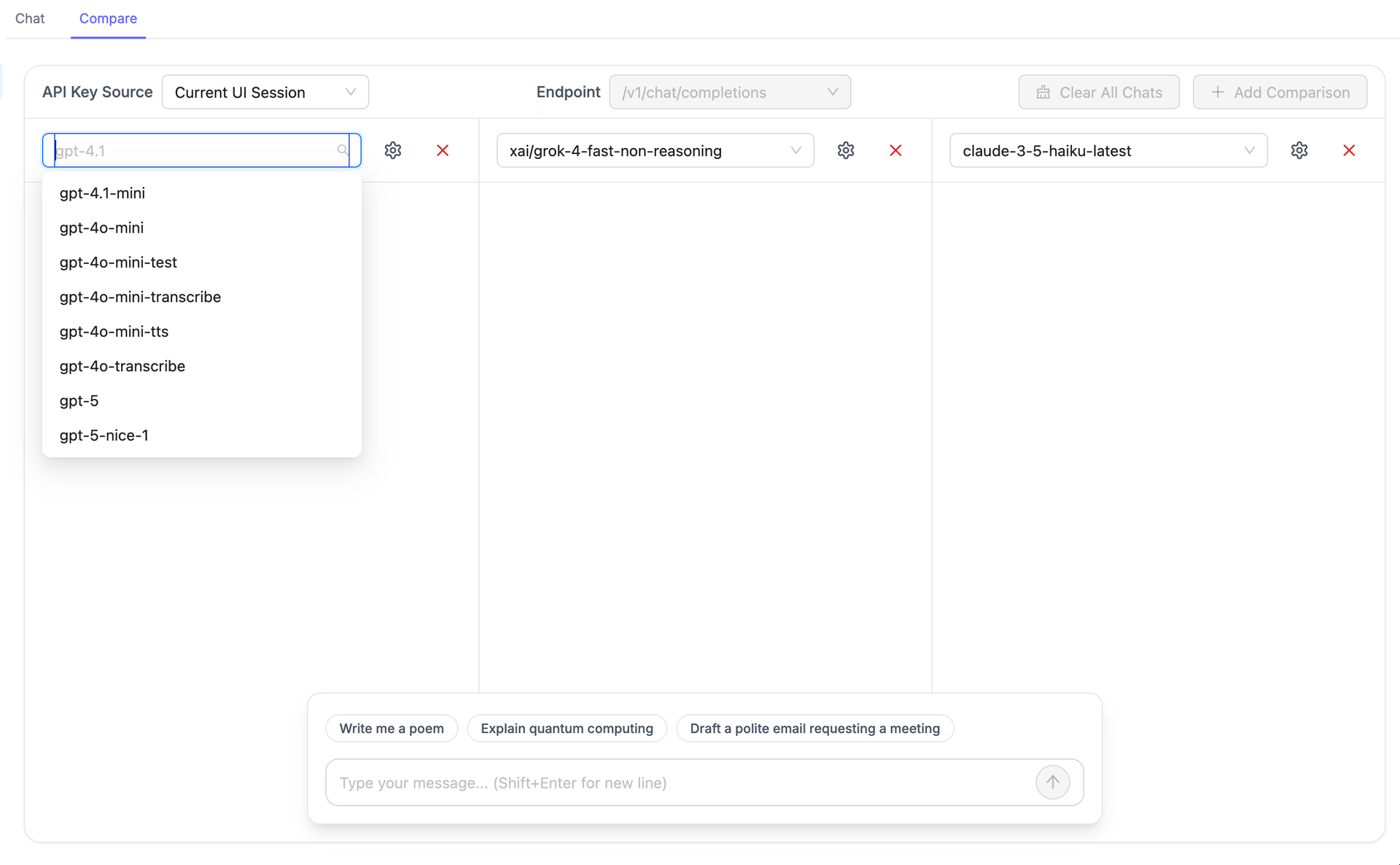 Model Compare Playground UI | liteLLM
