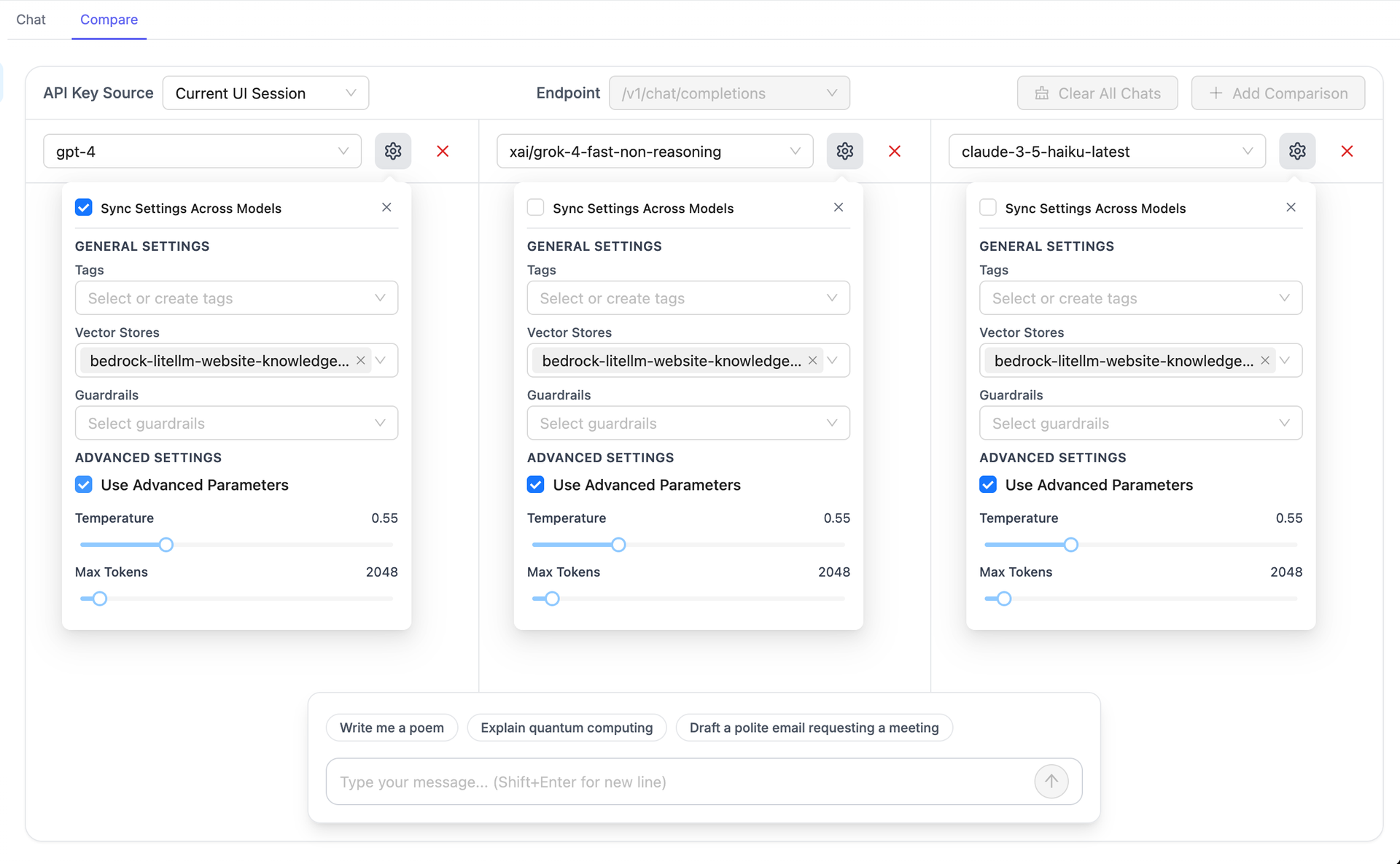 Model Compare Playground UI | liteLLM