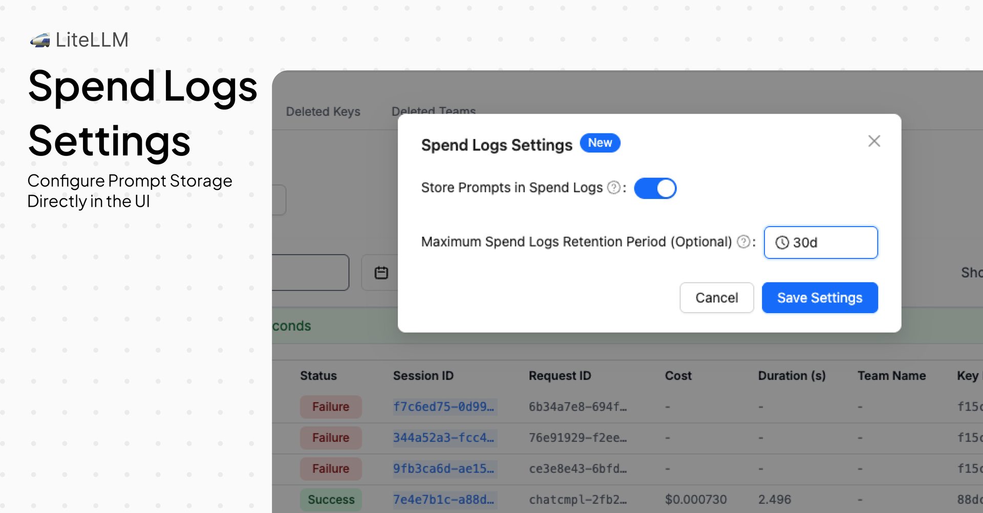 UI Spend Log Settings | liteLLM