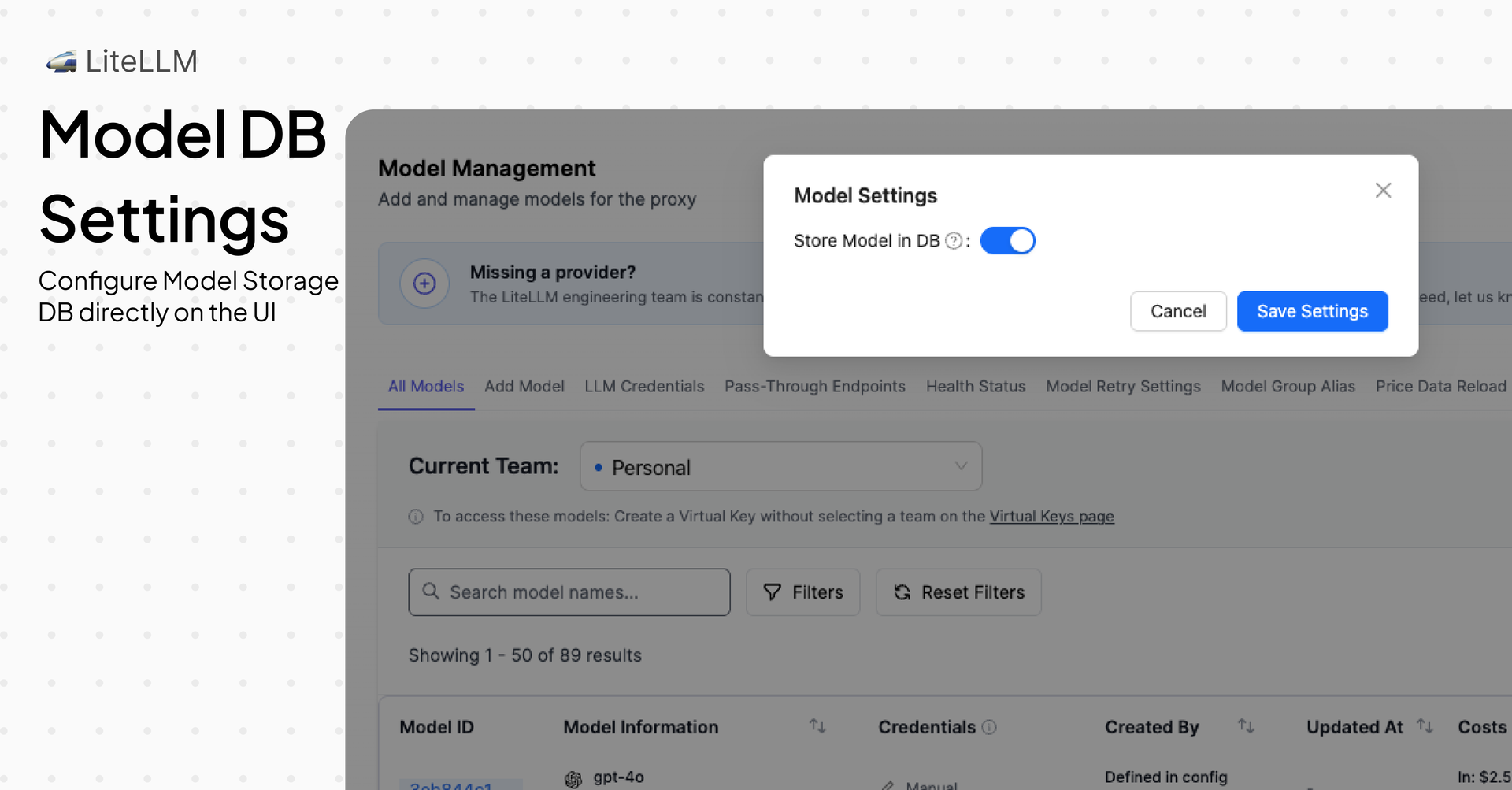 Store Model in DB Settings | liteLLM
